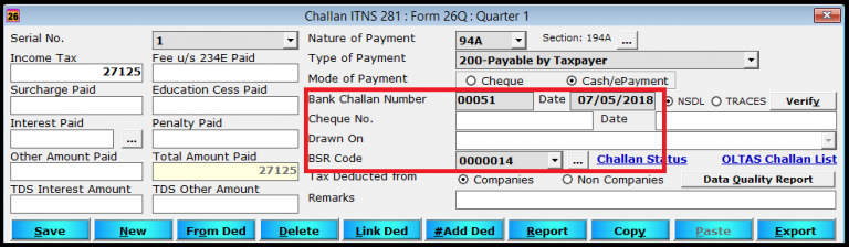 How to enter the challan details and link it to deductions in Saral TDS